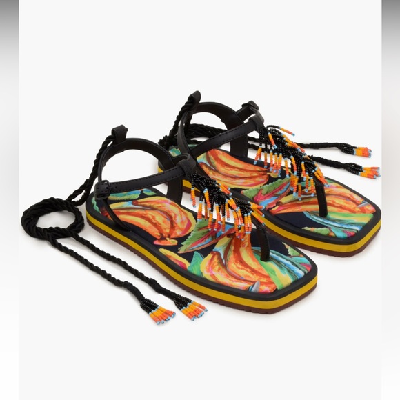 FARM Rio | Shoes | Farm Rio Black Banana Beaded Flat Sandal | Poshmark